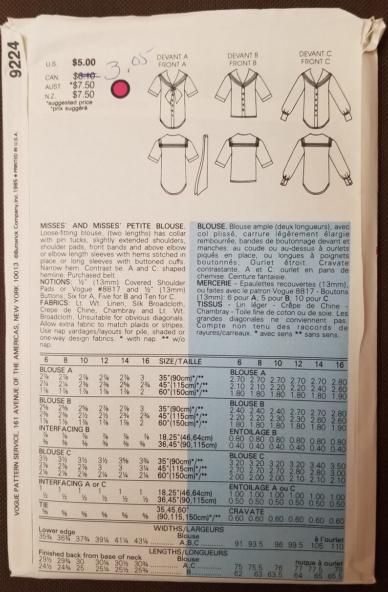UNCUT Vogue 9224 Sewing Pattern, Size 12, Misses' and Misses' Petite ...