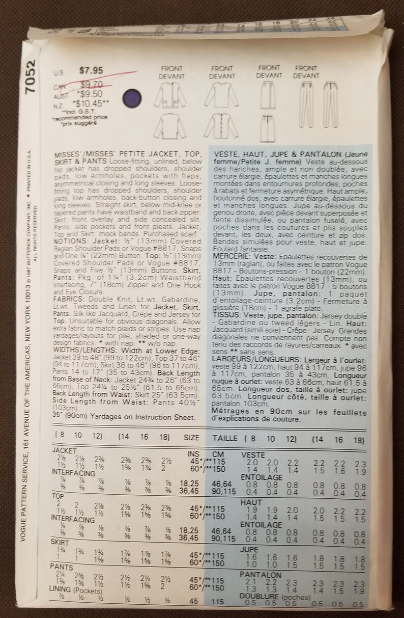 UNCUT Vogue 7052 Sewing Pattern, Size 8-10-12, Misses' / Misses' Petite ...