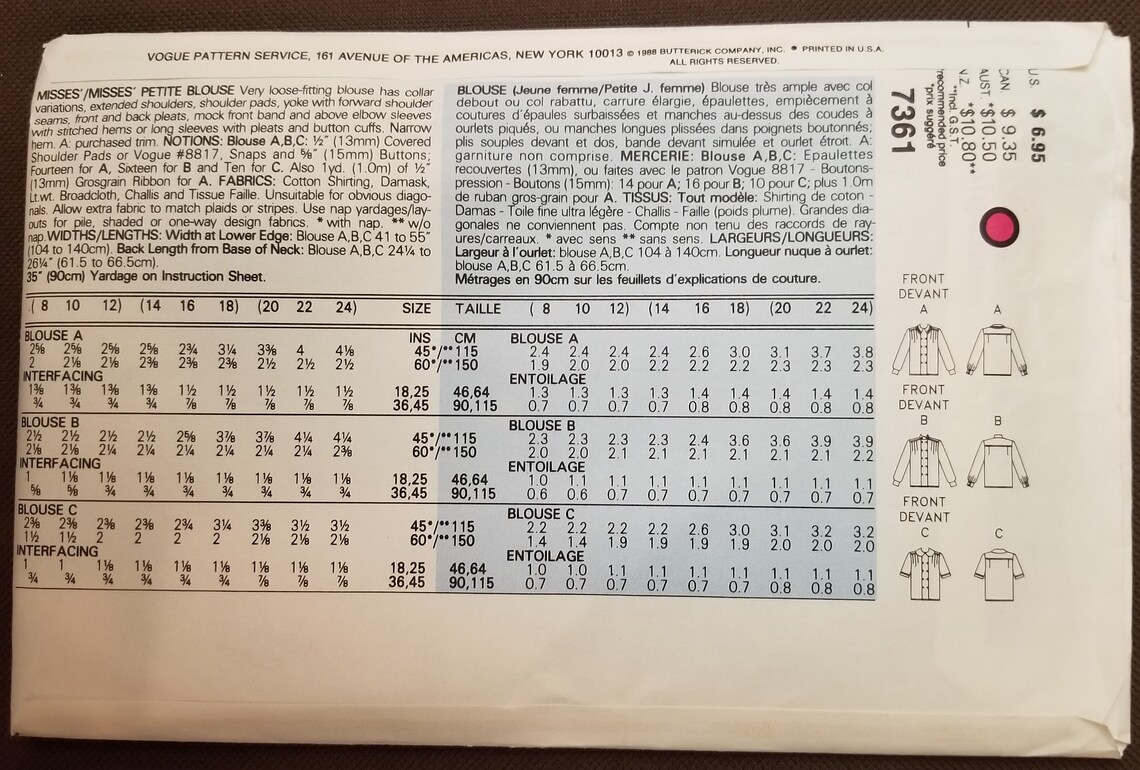 UNCUT Vogue 7361 Sewing Pattern Size 8-10-12 Misses' / | Etsy