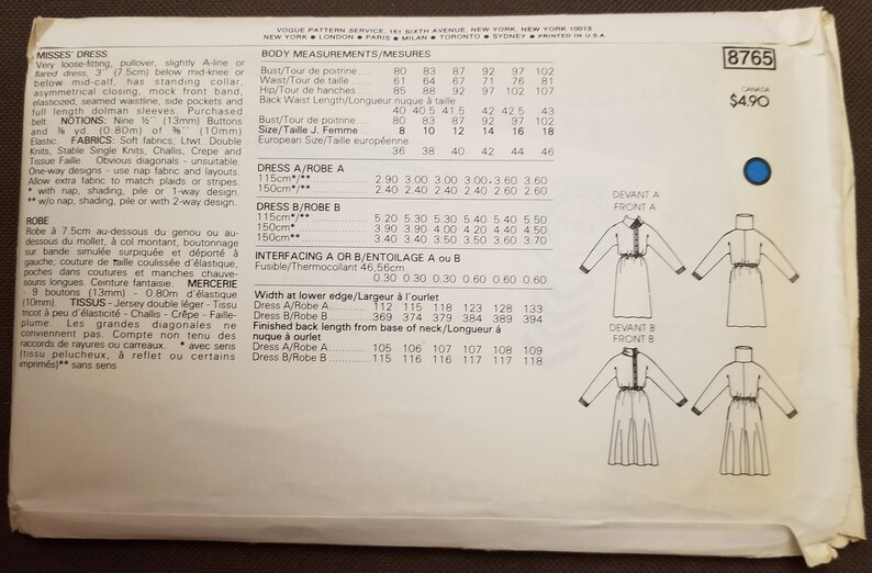 UNCUT Vogue 8765 very Easy Vogue Sewing Pattern - Etsy