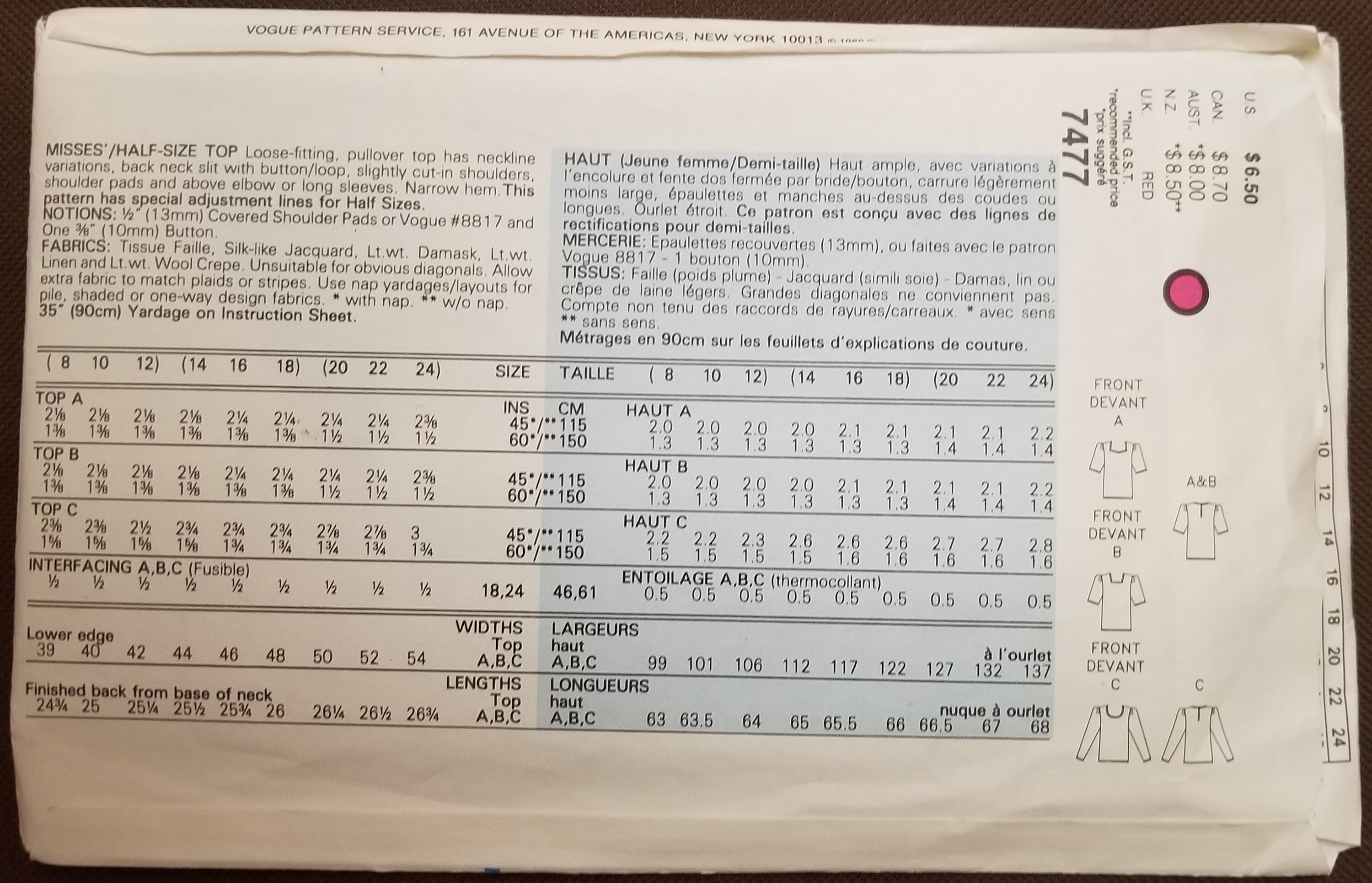 Modèle de couture Vogue 7477 Very Easy Very Vogue, Taille 8-10-12, Miss ...