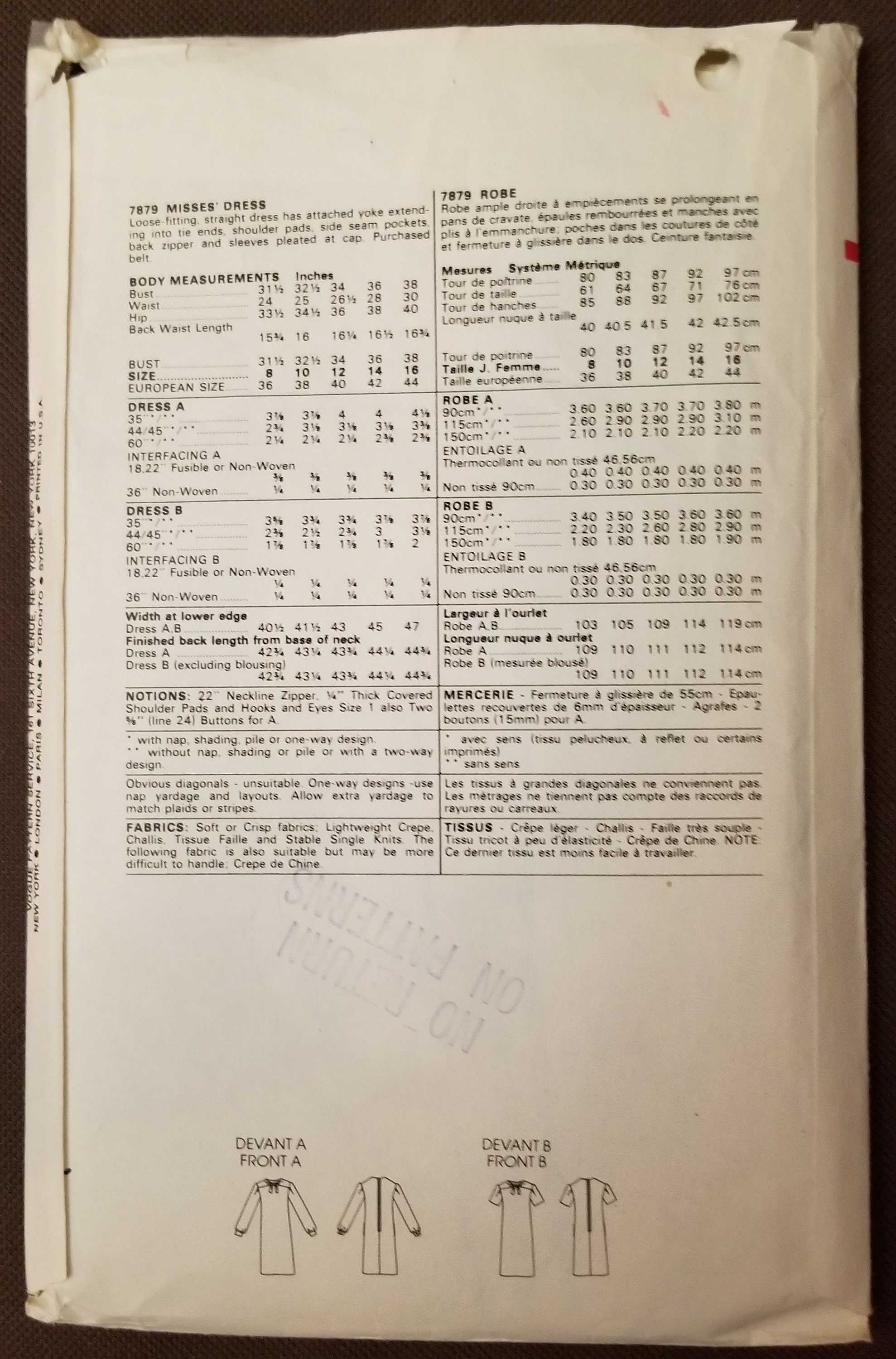 Vogue 7879 very Easy Vogue Sewing Pattern Size - Etsy