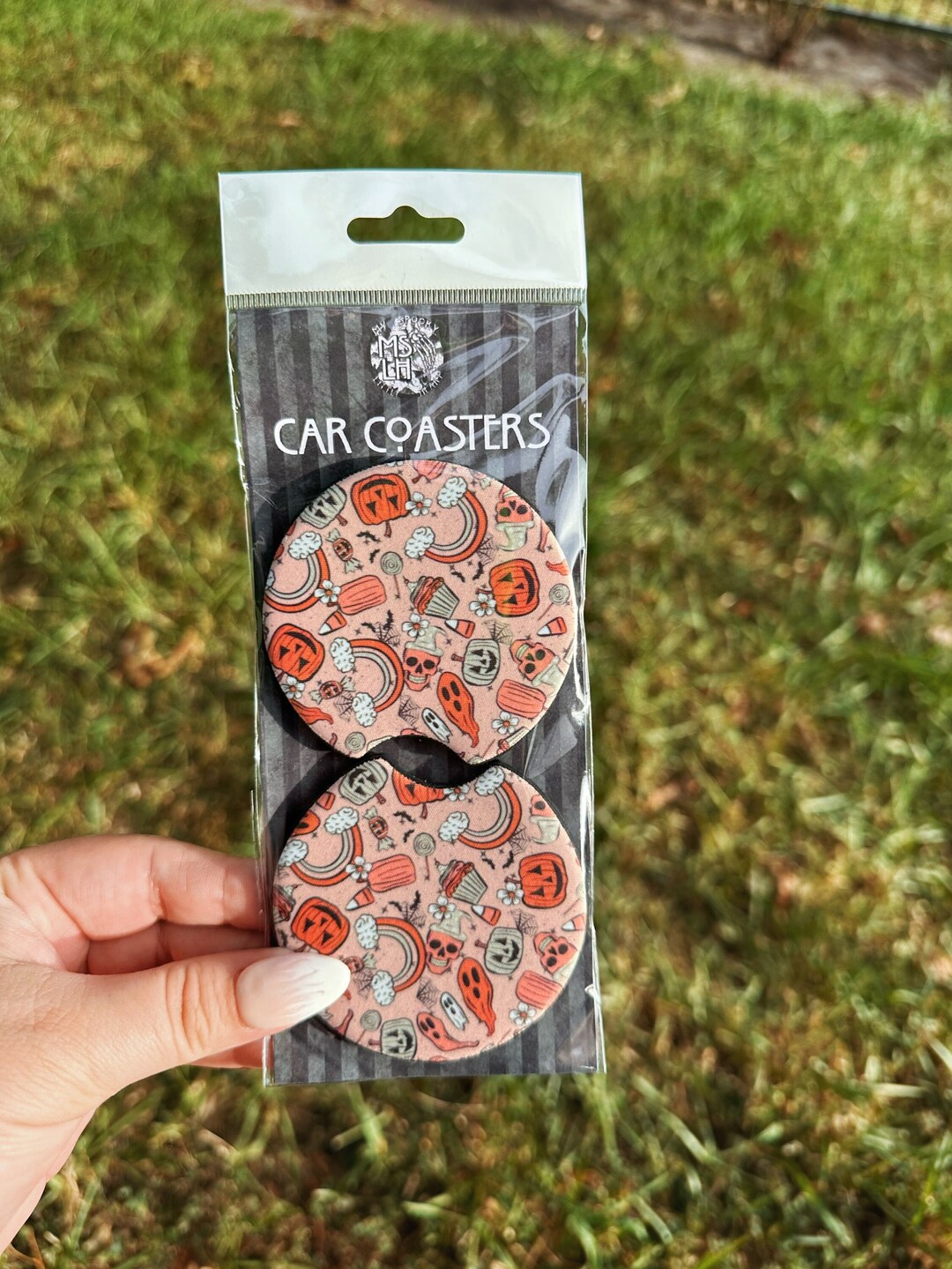 Spooky Cute Car Coasters, Pumpkin and Flowers Car Coasters, Retro Car ...