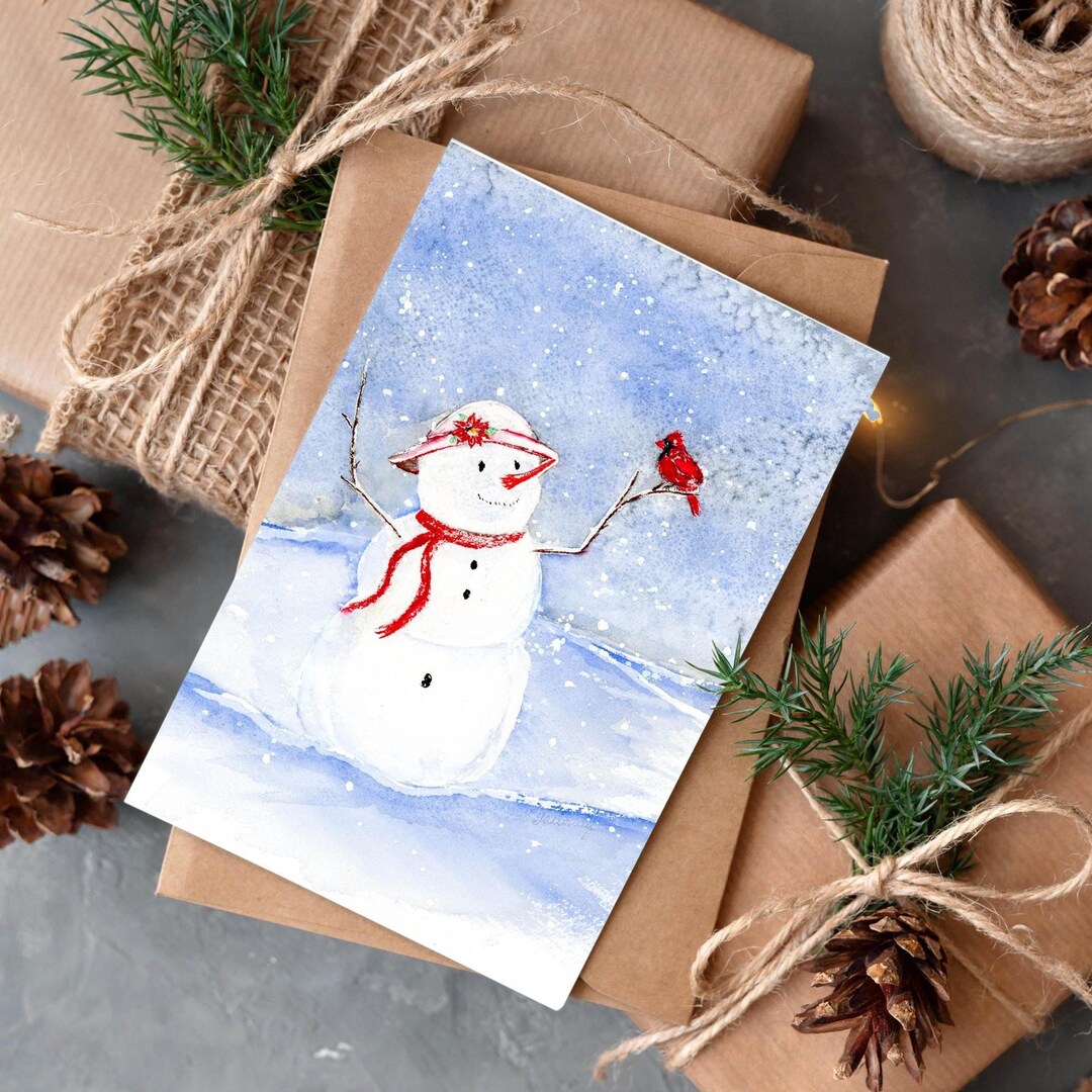 Christmas Card, Snowman and Cardinal Blank Greeting Card Original Art ...