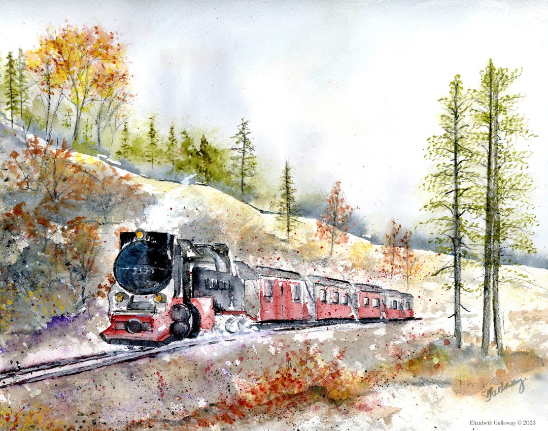 Landscape Watercolor Painting, Train Watercolor, Archival Print, Giclée ...