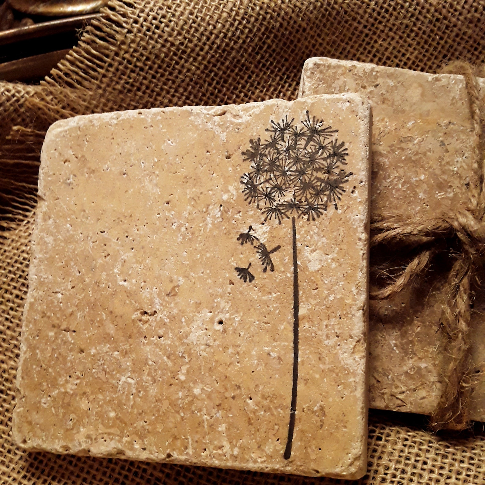 Rustic Dandelion Coasters Travertine Stone Coasters Coaster | Etsy