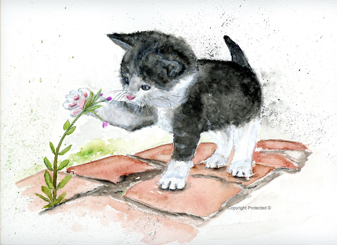 Kitten Original Art Print - Kitten Watercolor, Garden Cat, Original ...