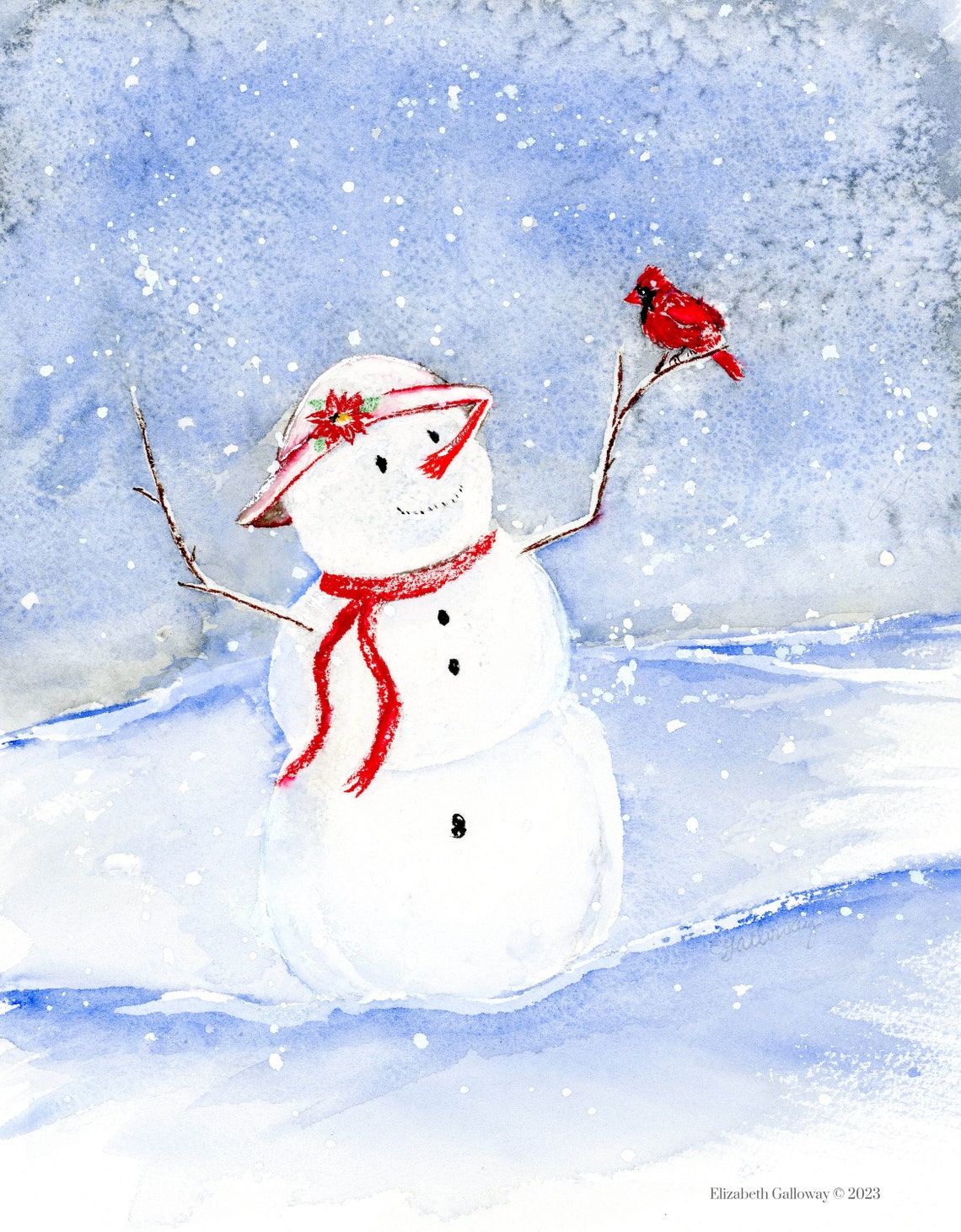 Christmas Card, Snowman and Cardinal Blank Greeting Card Original Art ...