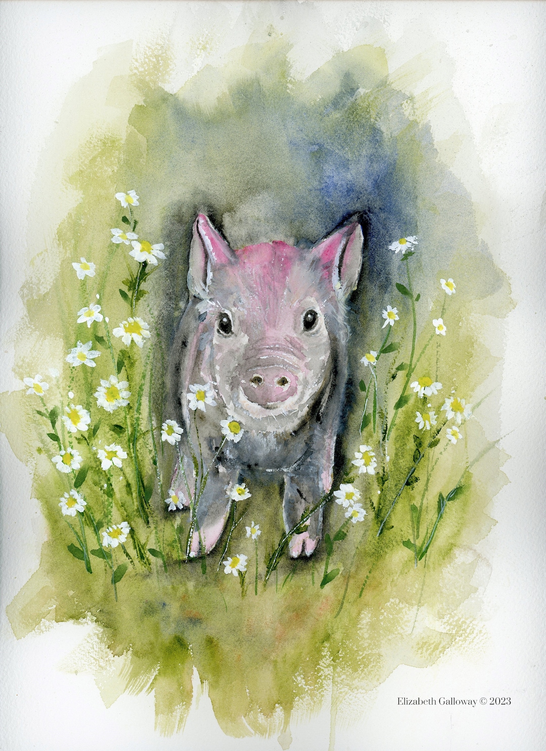 Pig Original Watercolor Painting, Piglet, Baby Farm Animal, Daisies - Etsy