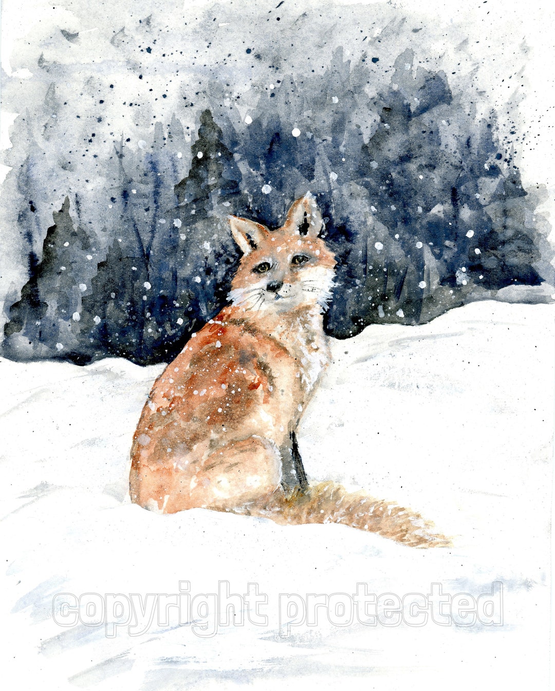 Winter Fox Watercolor Painting, Watercolor Giclée, Christmas - Etsy