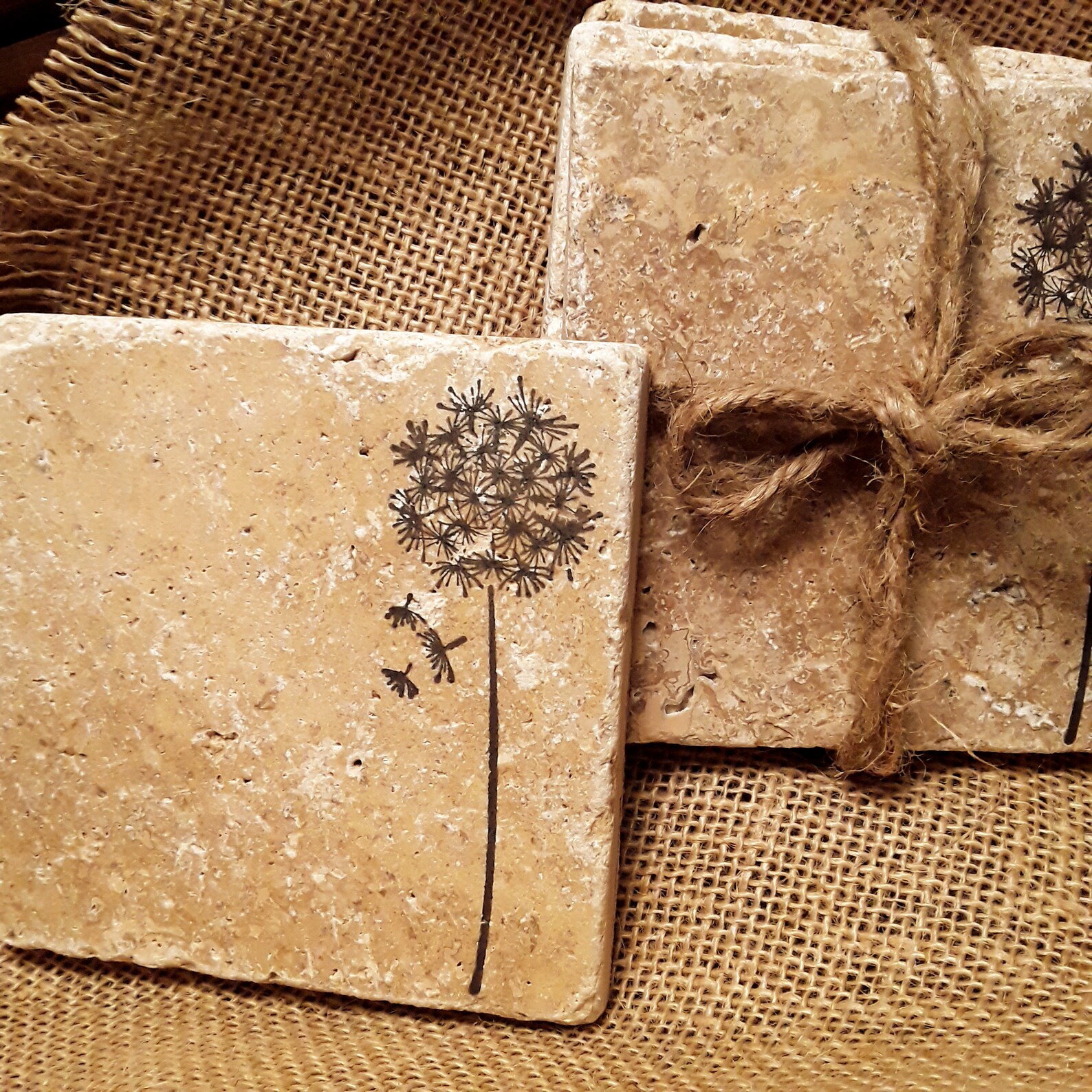 Rustic Dandelion Coasters Travertine Stone Coasters Coaster - Etsy