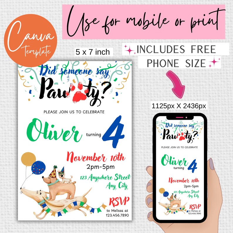 Dog Theme Birthday Invite | Paw Birthday Invitation | Digital Invite ...