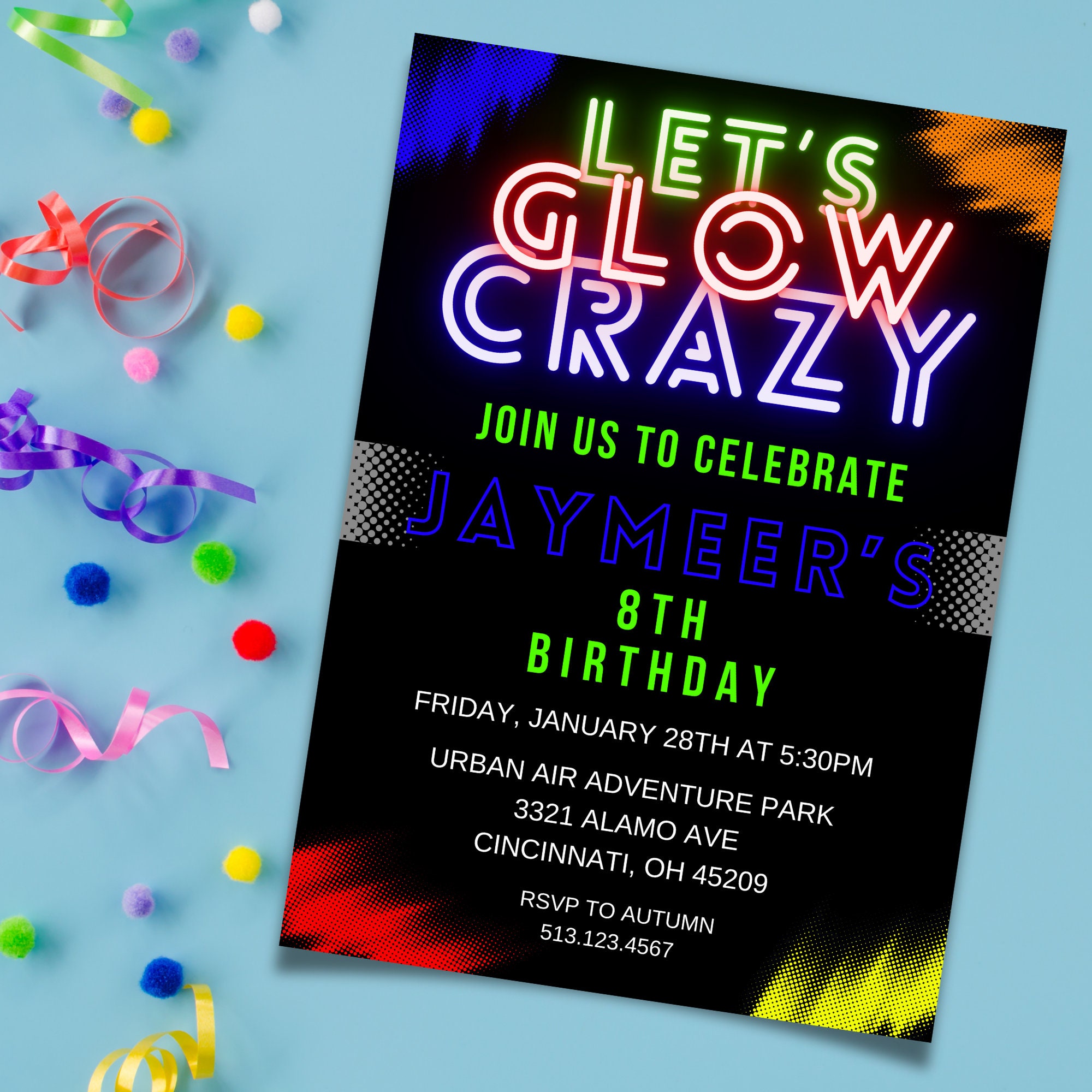 Glow Birthday Invitation | Neon Light Birthday Invitation | Editable ...