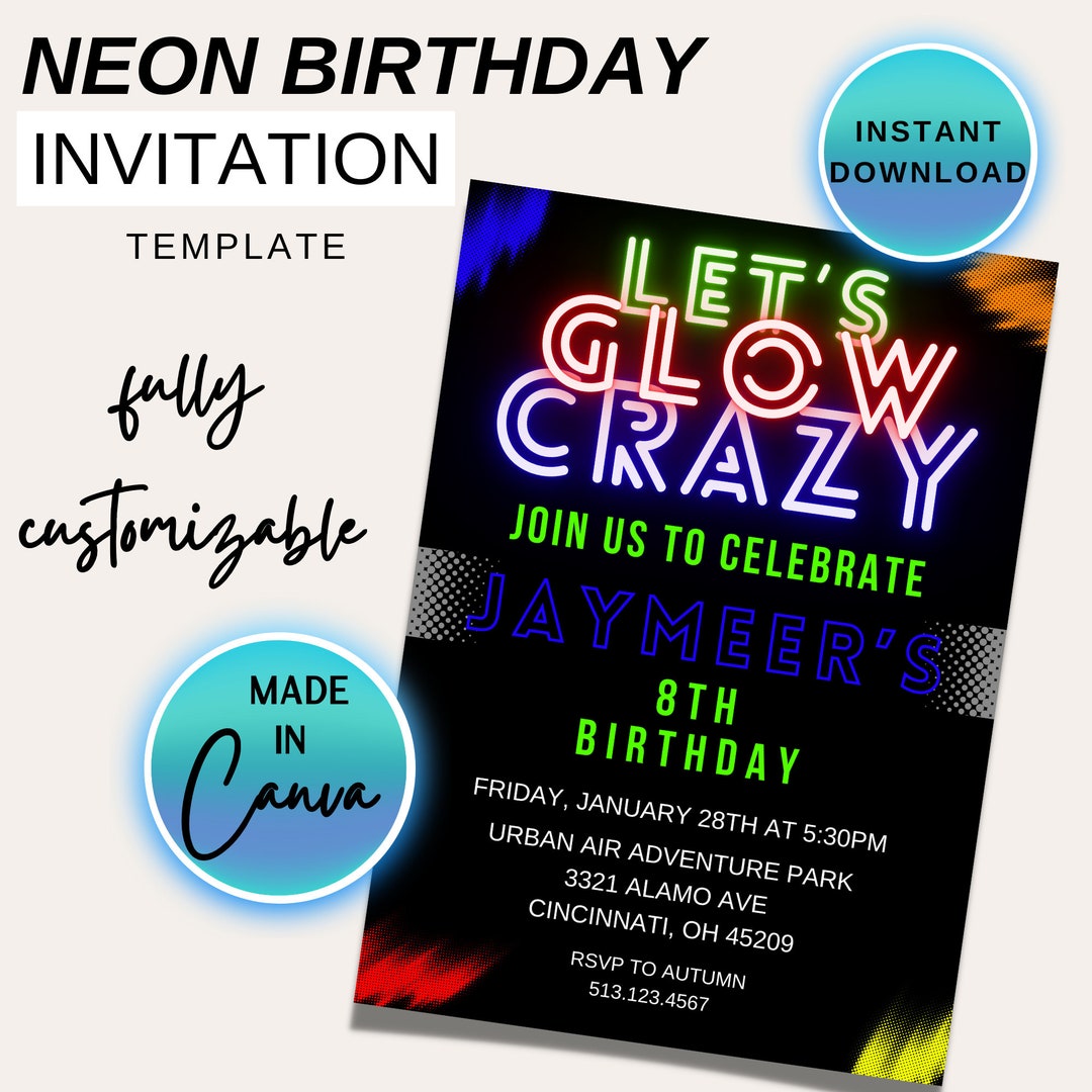 Glow Birthday Invitation | Neon Light Birthday Invitation | Editable ...