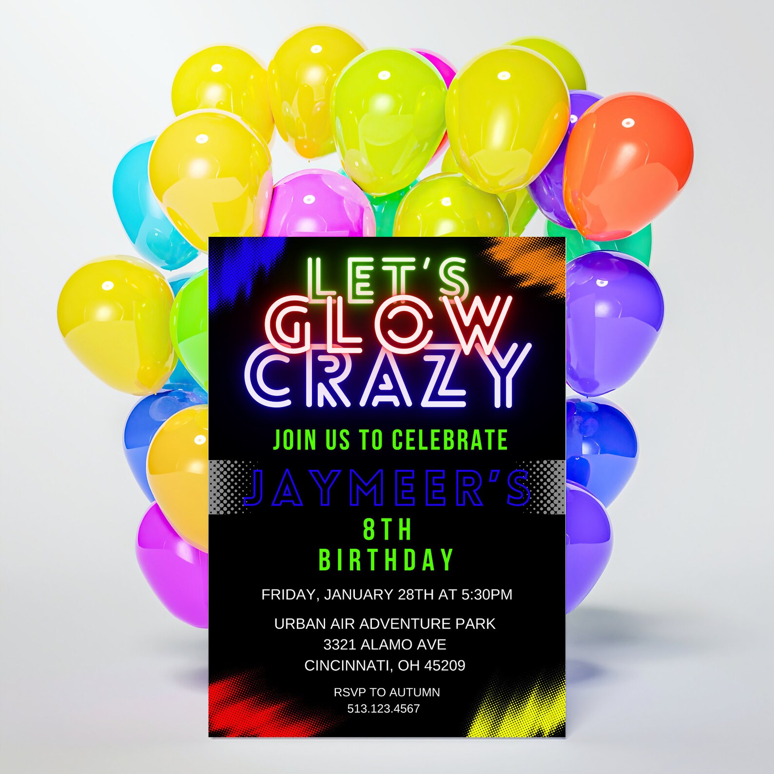 Glow Birthday Invitation | Neon Light Birthday Invitation | Editable ...