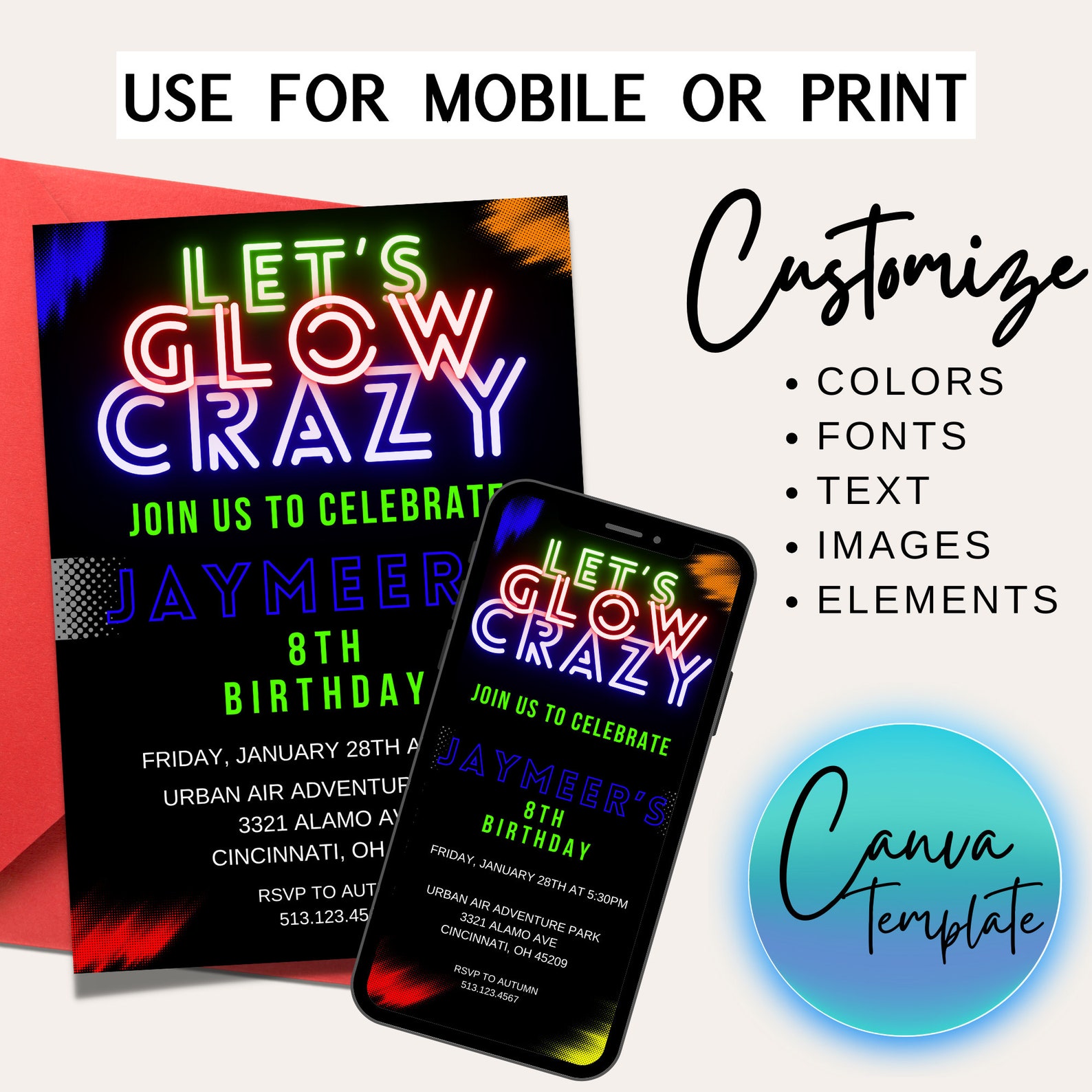 Glow Birthday Invitation | Neon Light Birthday Invitation | Editable ...