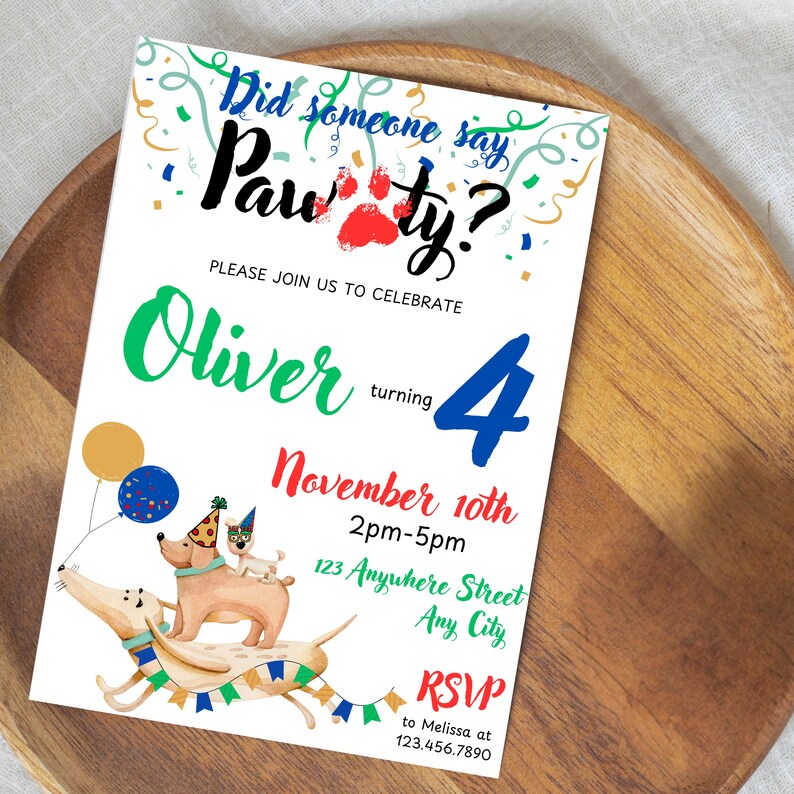 Dog Theme Birthday Invite | Paw Birthday Invitation | Digital Invite ...