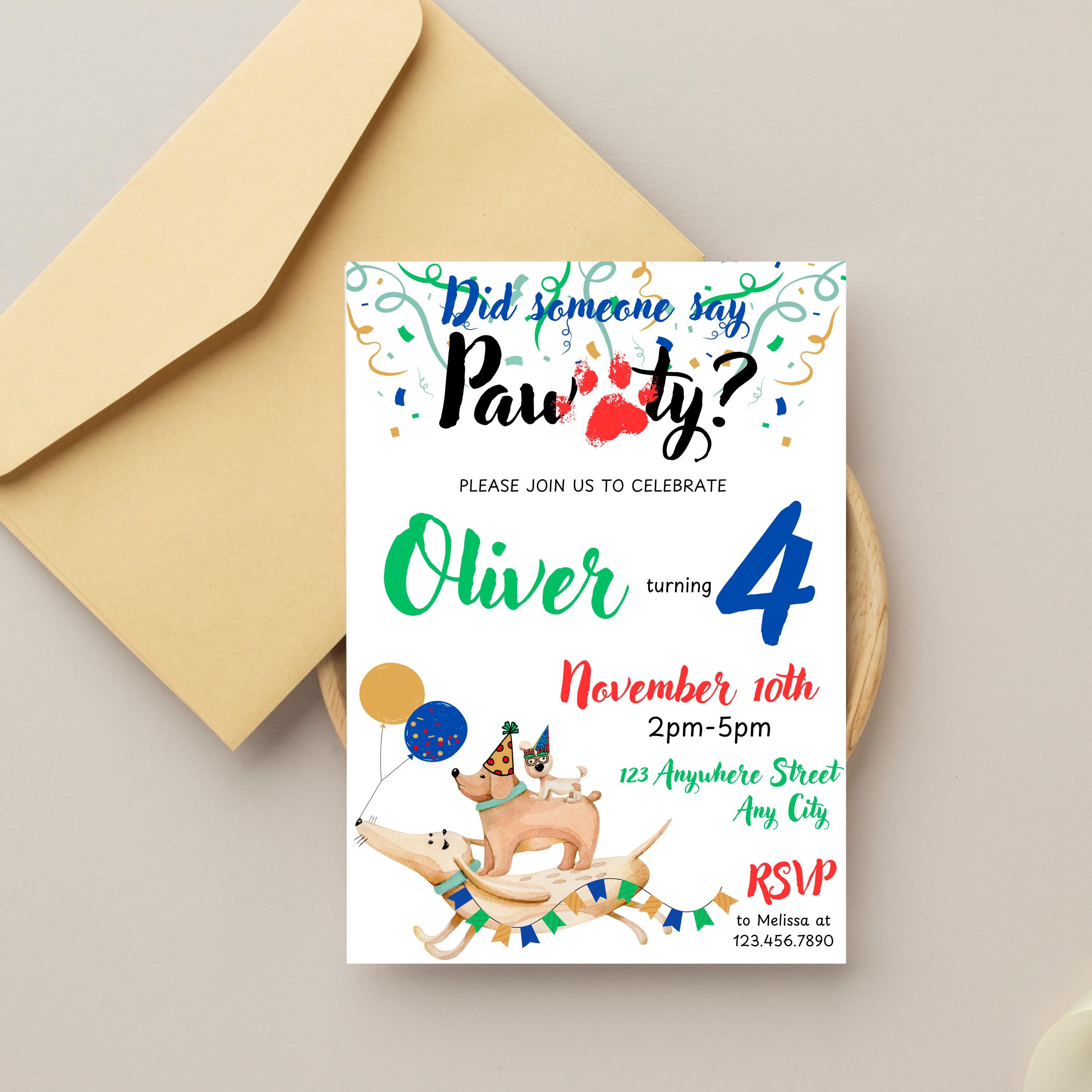 Dog Theme Birthday Invite Paw Birthday Invitation Digital Invite Puppy ...