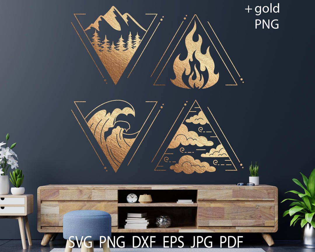 Four Elements Svg Bundle, Boho 4 Elements Symbols Gold Clipart, Water Sign Svg, Earth Svg, Air ...