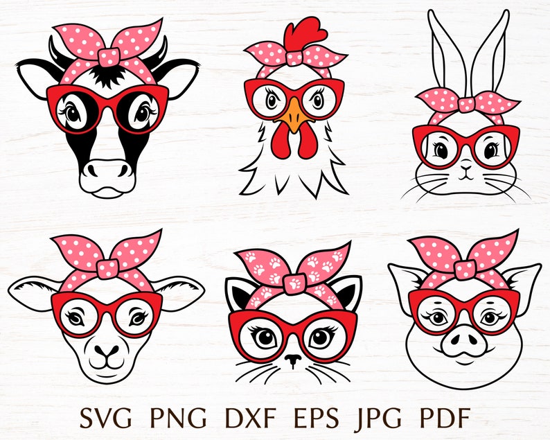 Farm Animals Svg Bundle Funny Farm Animals Face With Bandana - Etsy