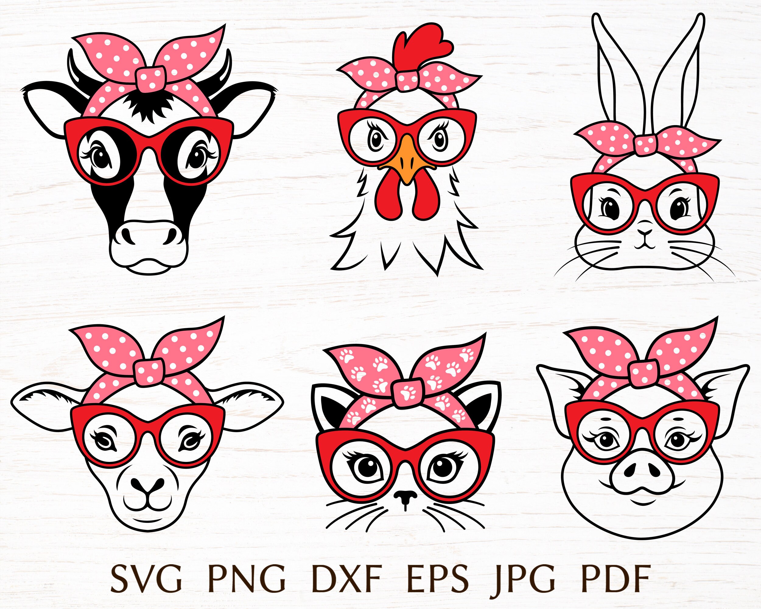 Farm Animals Svg Bundle Funny Farm Animals Face With Bandana - Etsy