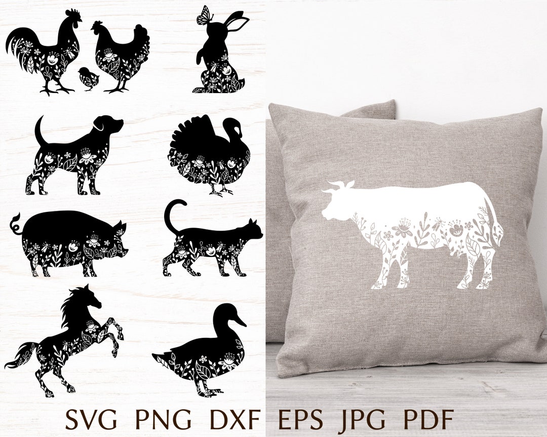 Farm Animals Svg Bundle, Animal Silhouette With Flower Decor, Farmhouse ...