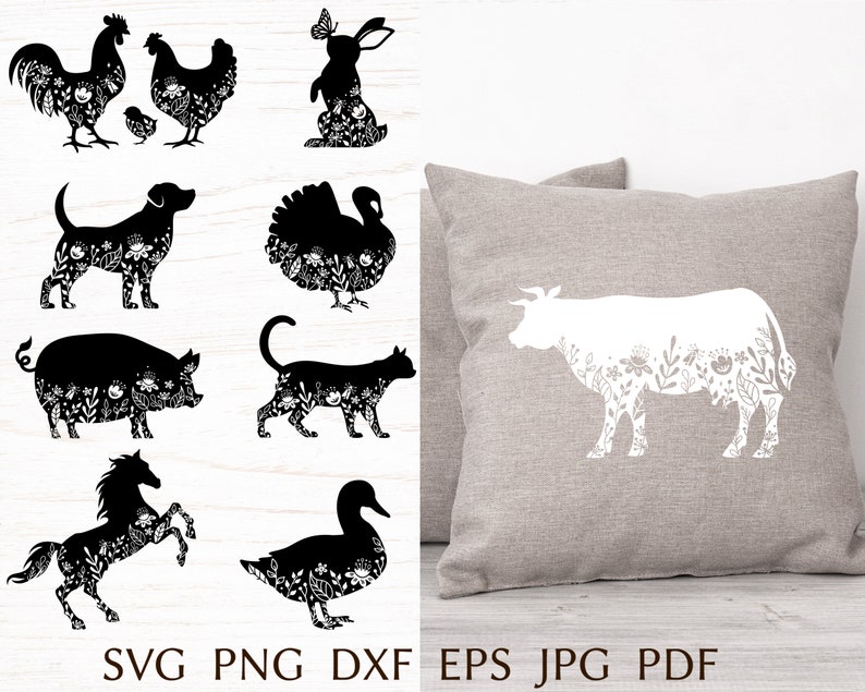 Farm Animals Svg Bundle Animal Silhouette With Flower Decor - Etsy