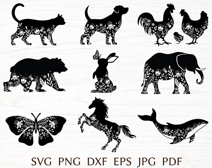 Floral Animals Svg Bundle, Animal Silhouette With Flower Decor, Summer ...
