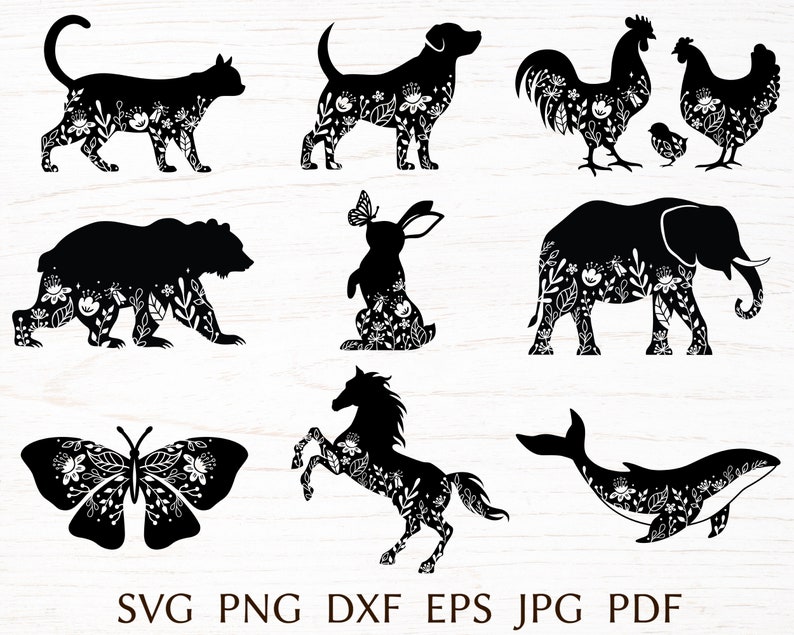 Floral Animals Svg Bundle Animal Silhouette With Flower | Etsy