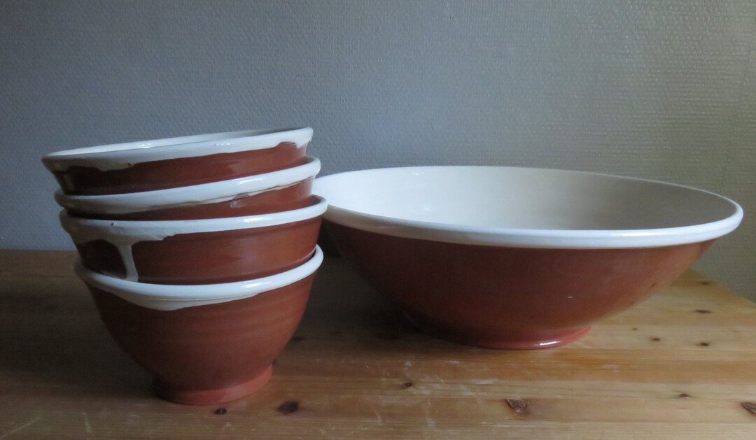 Red Clay Bowl With Creme Slip and Clear Glaze,with 4 Small Bowls as a ...