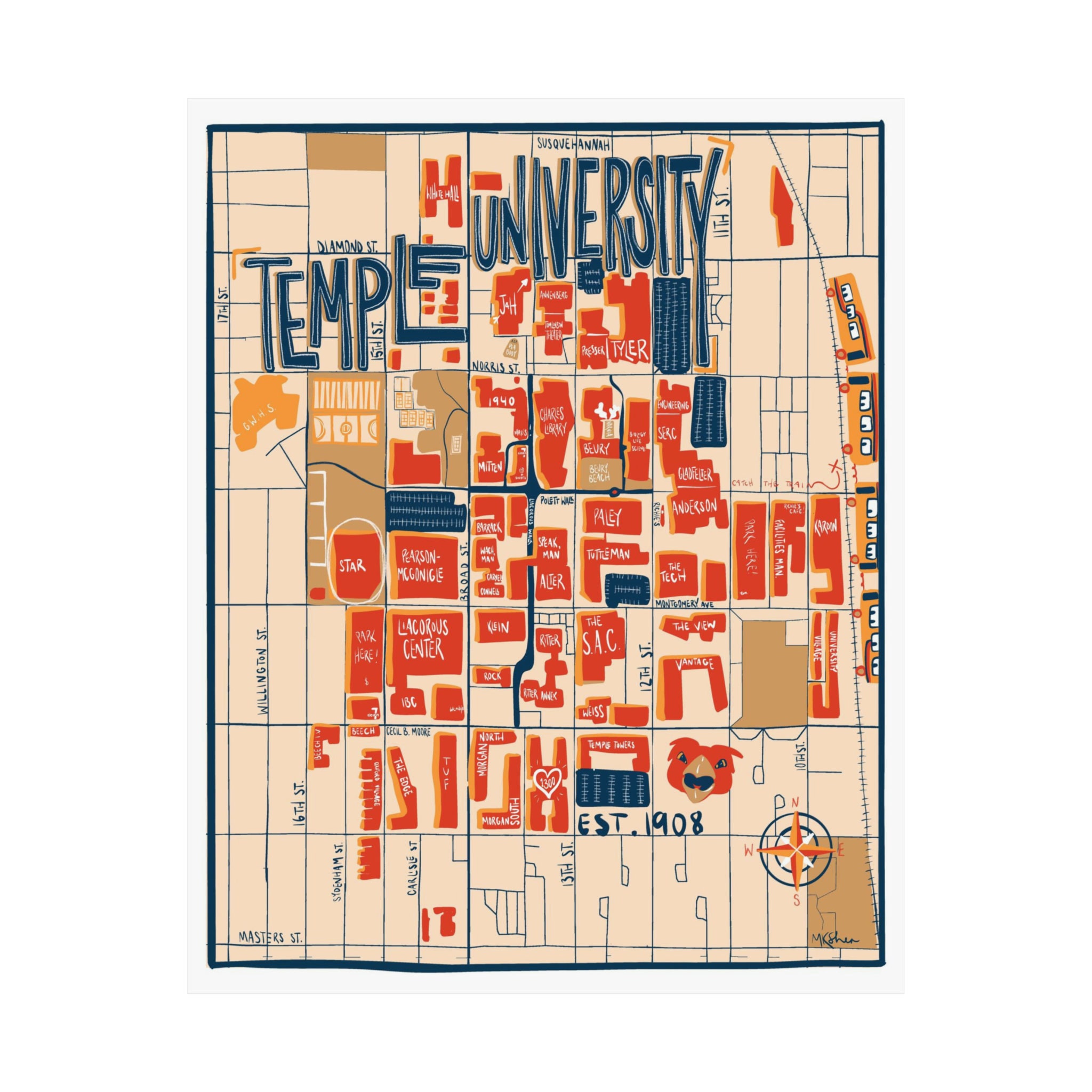 Temple University Campus Map 20 X 16 - Etsy