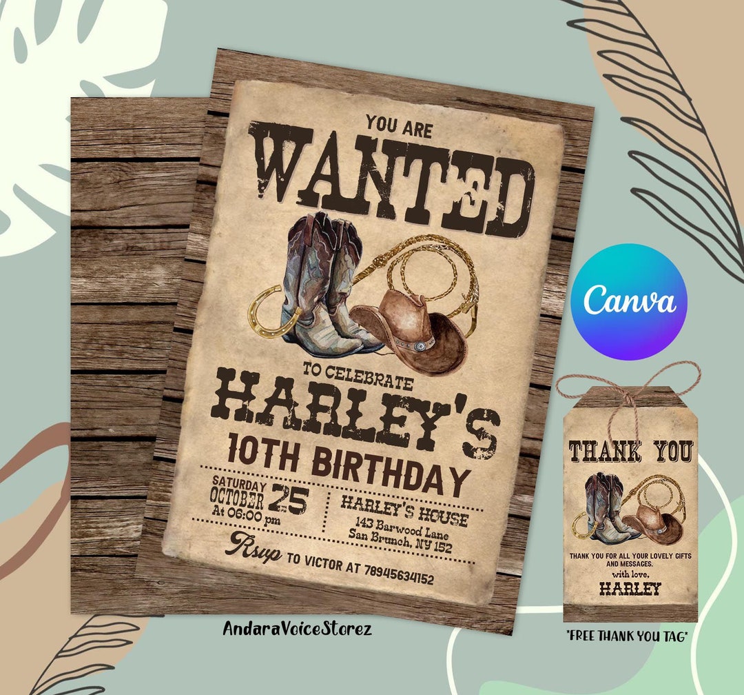 Editable Country Western Invitation, Cowboy Birthday Invitation, Rustic ...