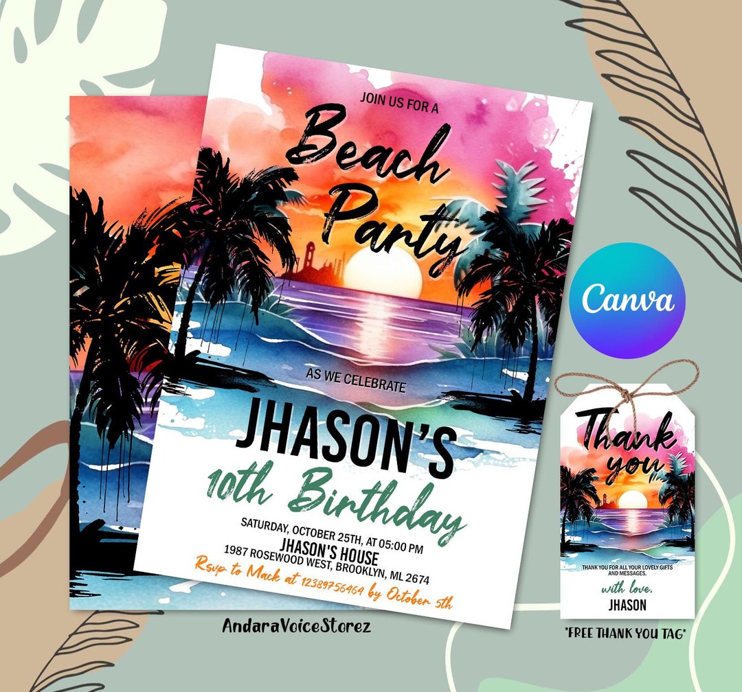Beach Party Invitation. Printable Beach Birthday Party Invitation ...