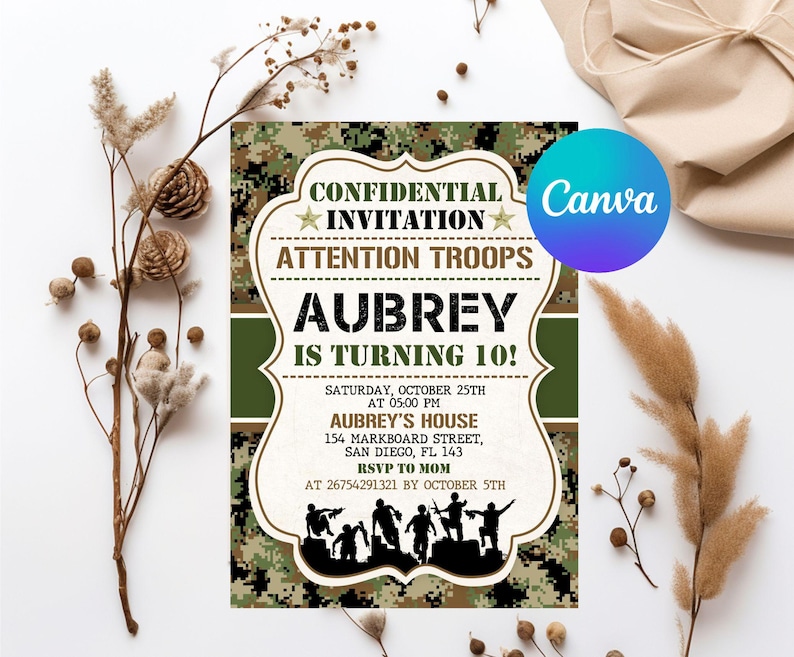 Army Birthday Invitation, Military Party Invitations, Soldier Birthday ...