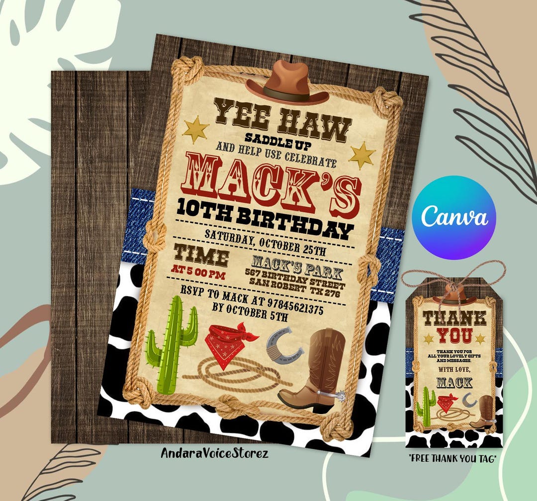 Editable Country Western Invitation, Cowboy Birthday Invitation, Rustic ...