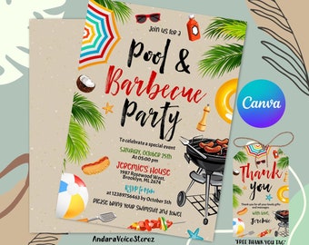 BBQ and Pool Party Invitations EDITABLE, Backyard BBQ and Pool Invite ...
