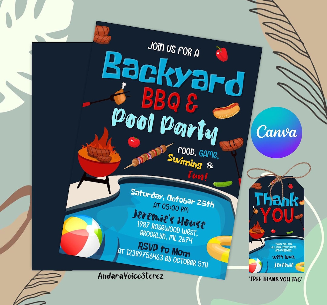 BBQ and Pool Party Invitations, Backyard BBQ and Pool Invite, Summer ...