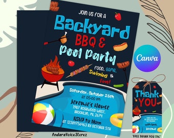 BBQ and Pool Party Invitations EDITABLE, Backyard BBQ and Pool Invite ...