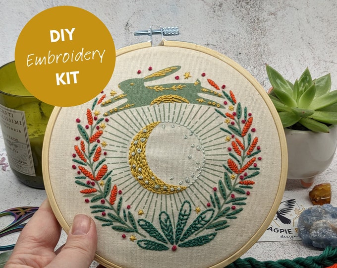 DIY Leaping Rabbit Embroidery Hoop Kit / Green Print Celestial Design ...