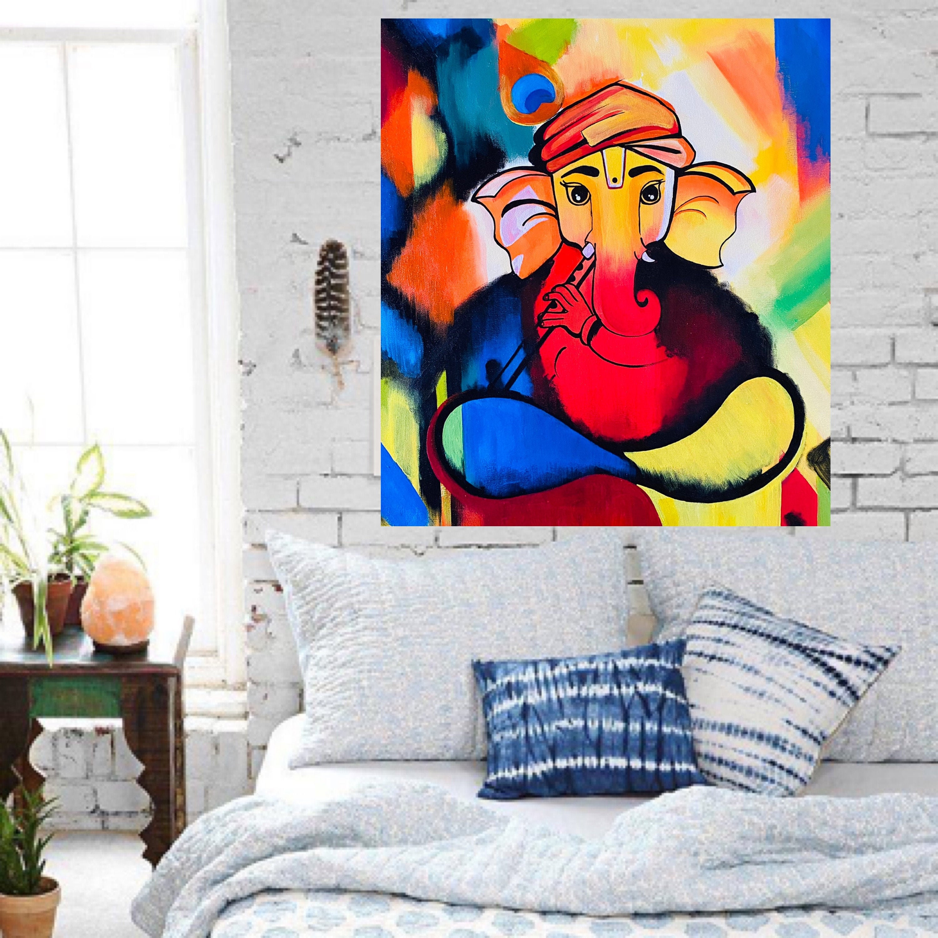 Handmade Lord Ganesha Ganapathi Abstract Painting on Canvas, Large ...