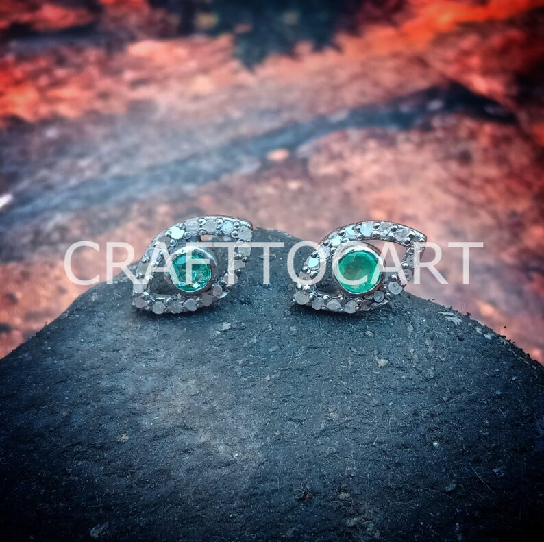 Pave Diamond Green Emerald Devil Eye Silver Tops Earring - Etsy