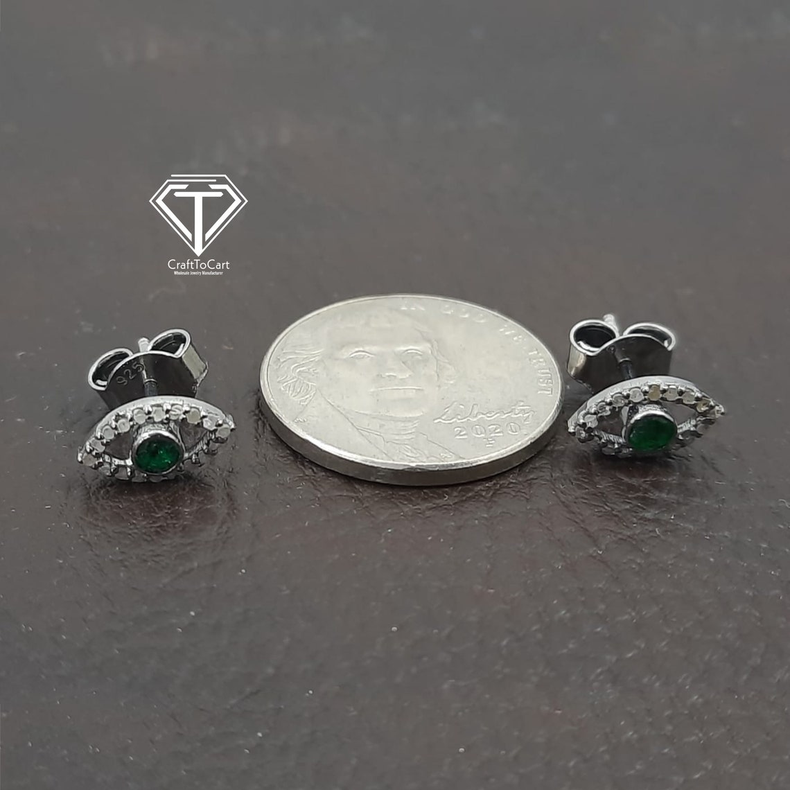 Pave Diamond Green Emerald Devil Eye Silver Tops Earring | Etsy