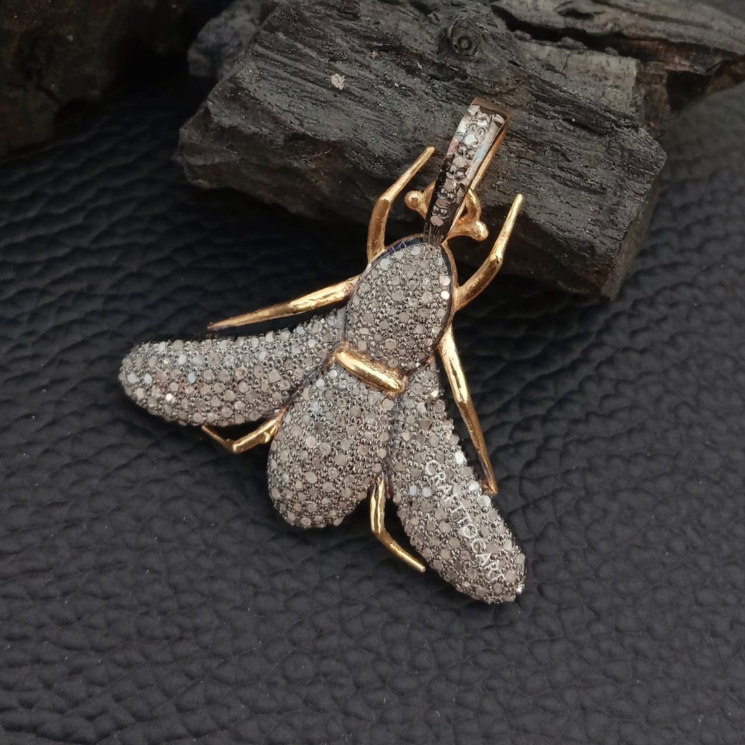 Pave Diamond Wasp Pendant: Two-tone Sterling Silver Insect Jewelry - Etsy