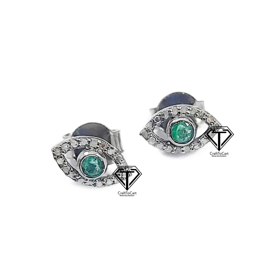 Pave Diamond Green Emerald Devil Eye Silver Tops Earring - Etsy
