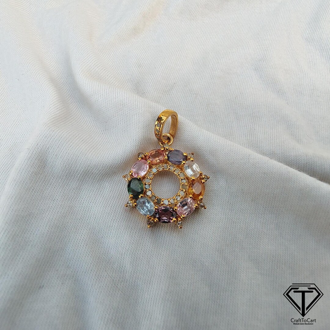 Round Pendant, Multicolor Stone Round Pendant, 925 Sterling Silver ...