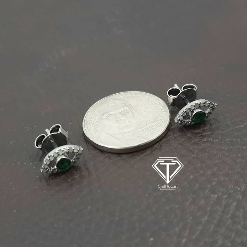 Pave Diamond Green Emerald Devil Eye Silver Tops Earring | Etsy