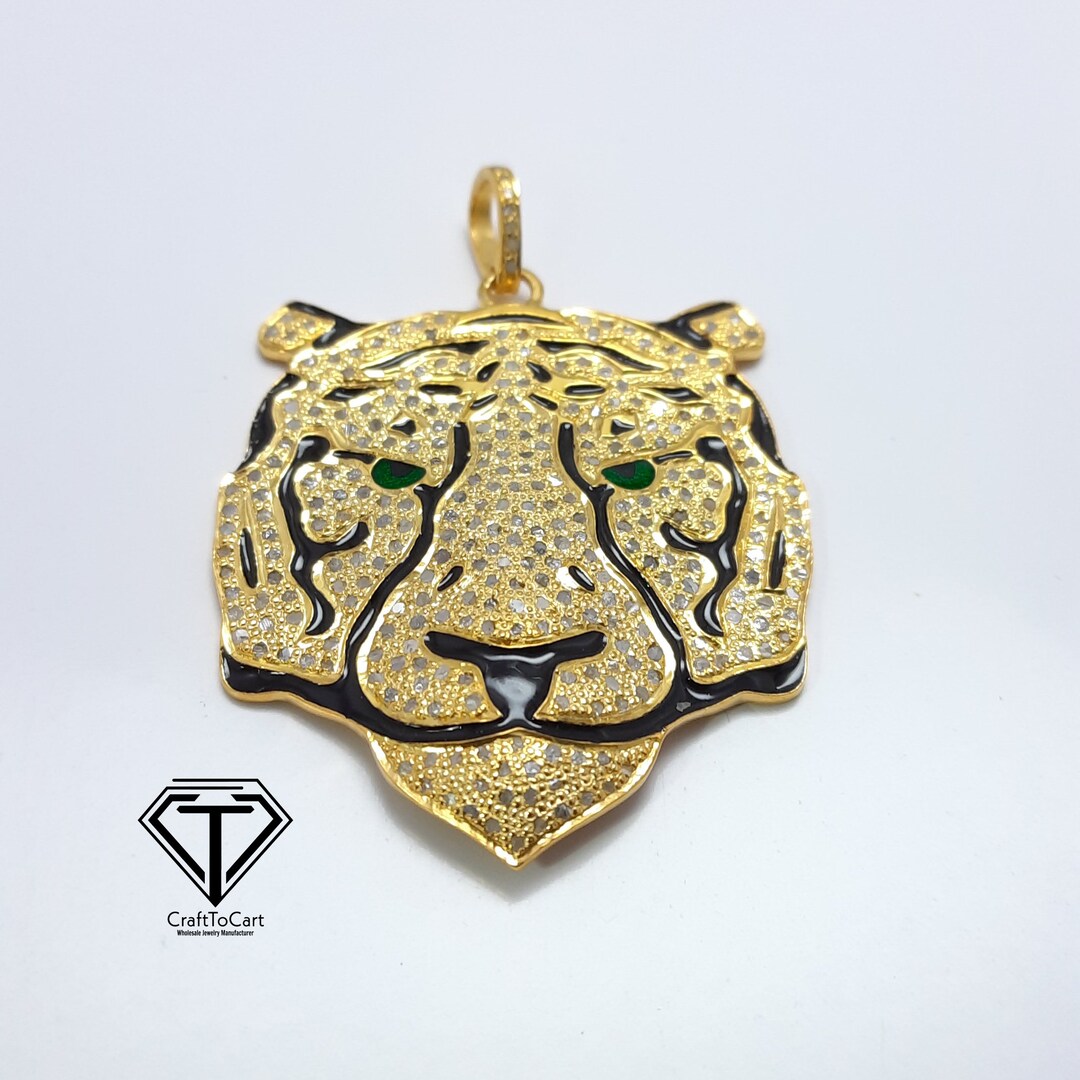 Pave Diamond Tiger Face Pendant: Sterling Silver Jewelry - Etsy