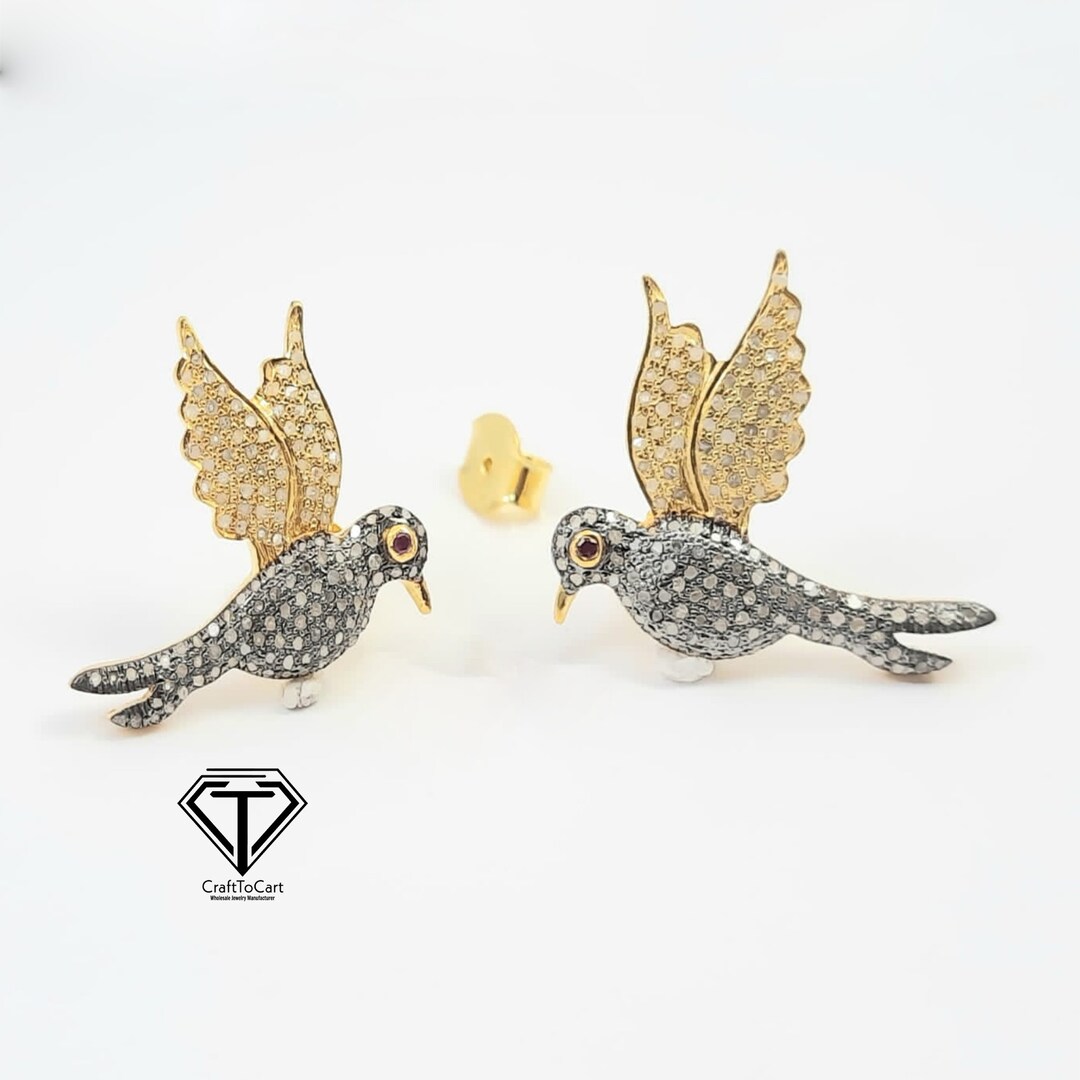Pave Diamond Bird Stud Earrings, Pave Diamond Bird Earrings, Pave ...