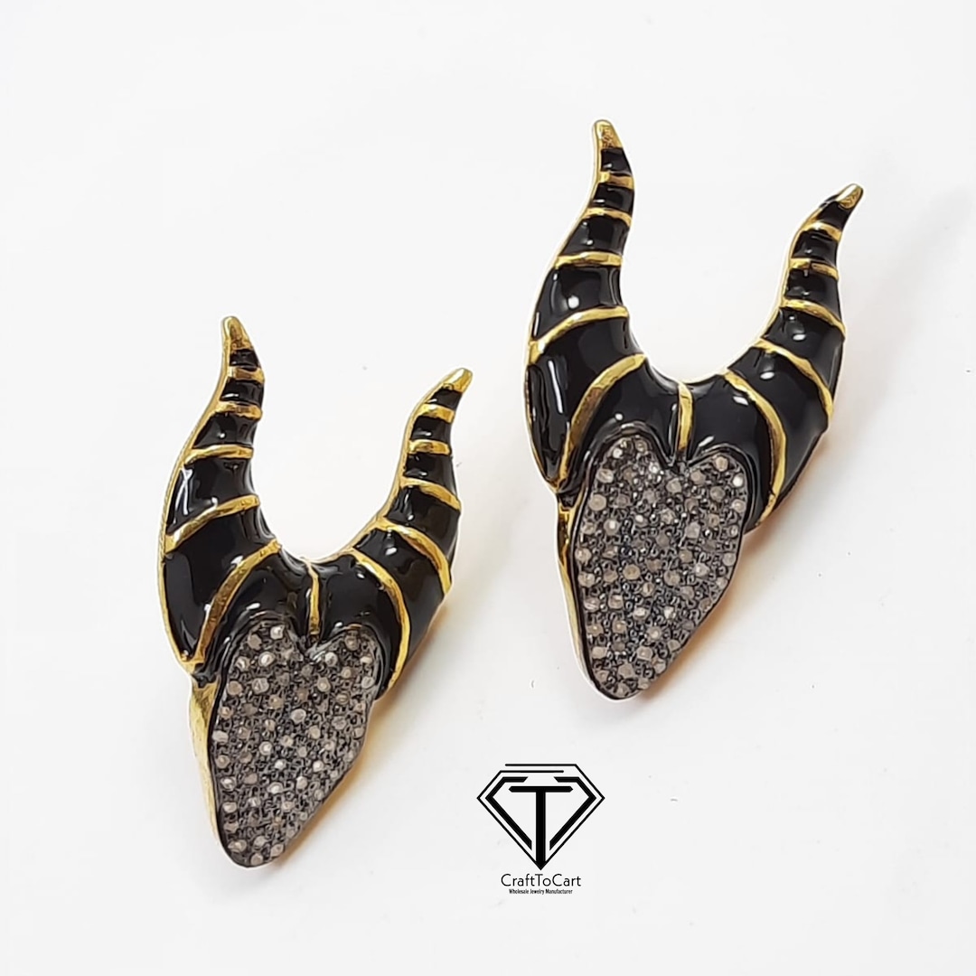 Pave Diamond Devil Horn Stud Earrings: Sterling Silver Enamel Jewelry ...