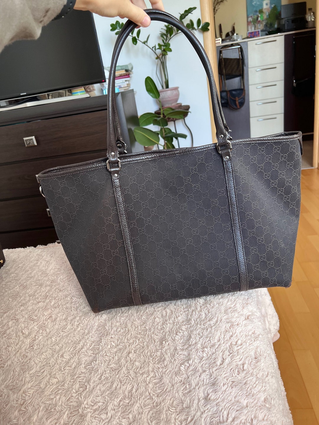 GUCCI Authentic Monogram Brown Canvas and Leather Tote Bag / Vintage Gucci Bag / 265696 Gucci ...